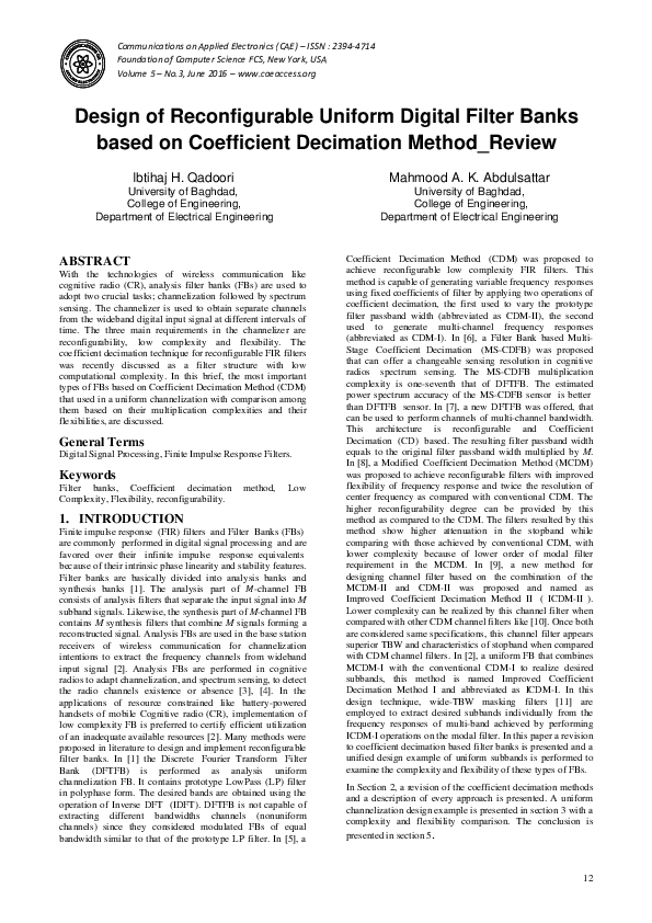 (PDF) Design of Reconfigurable Uniform Digital Filter Banks based on Coefficient Decimation ...