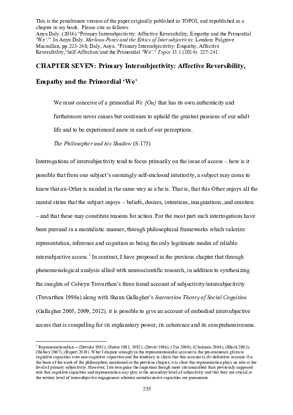 (PDF) Primary Intersubjectivity: Affective Reversibility, Empathy and ...
