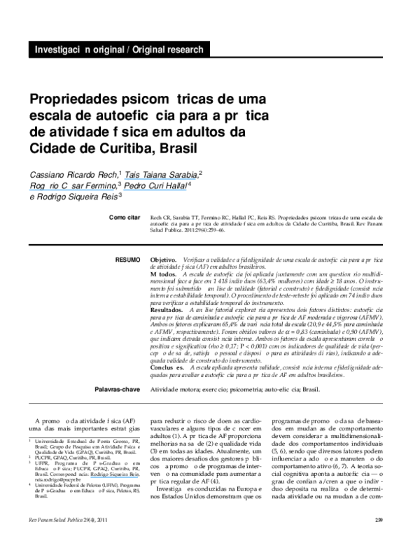 Pdf Propriedades Psicométricas De Uma Escala De Autoeficácia Para A