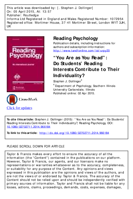 (PDF) Reading Psychology " You Are as You Read " : Do Students' Reading ...