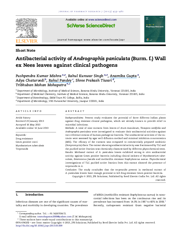 (PDF) Antibacterial activity of Andrographis paniculata (Burm. f.) Wall ex Nees leaves against ...