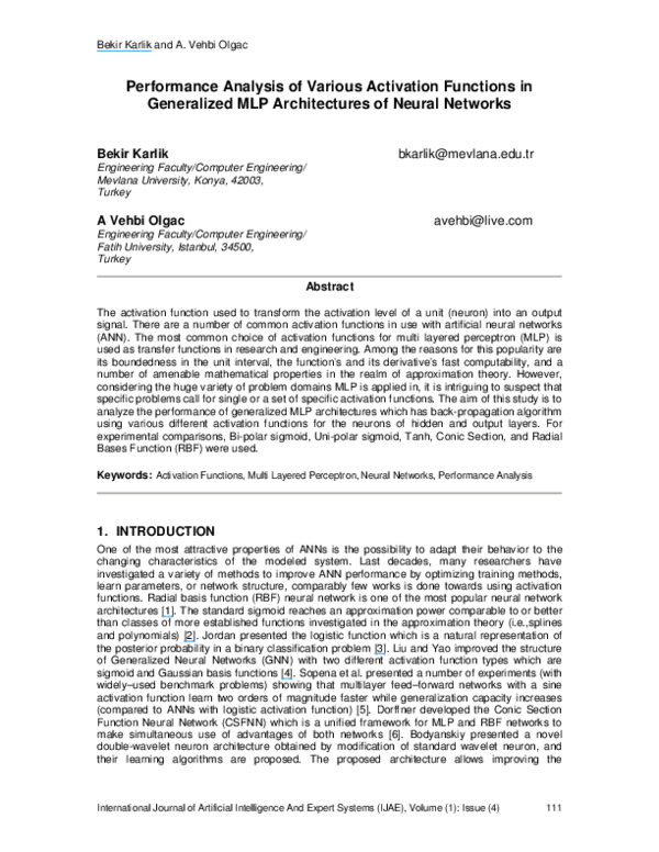 Pdf Performance Analysis Of Various Activation Functions In Generalized Mlp Architectures Of