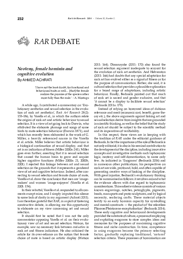 (PDF) RAR DEBATE Neoteny, female hominin and cognitive evolution