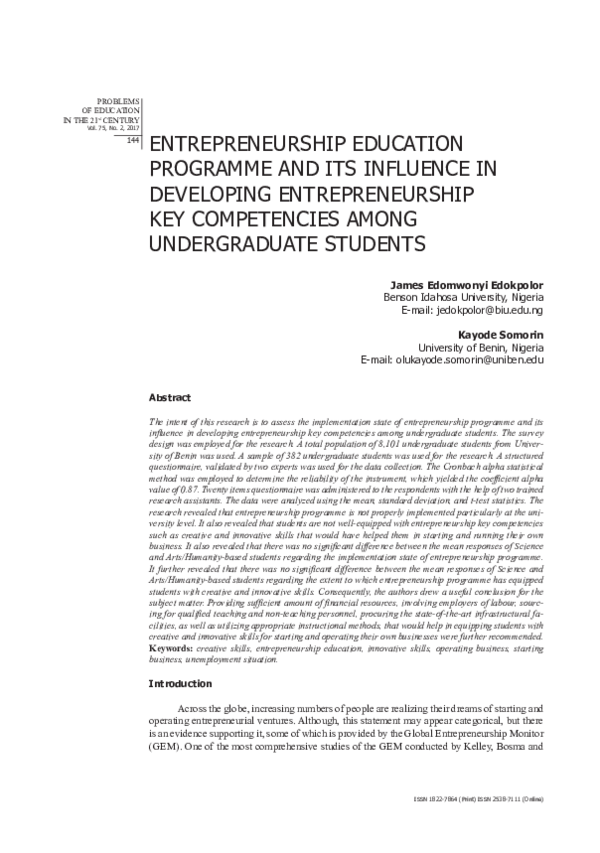(PDF) ENTREPRENEURSHIP EDUCATION PROGRAMME AND ITS INFLUENCE IN ...