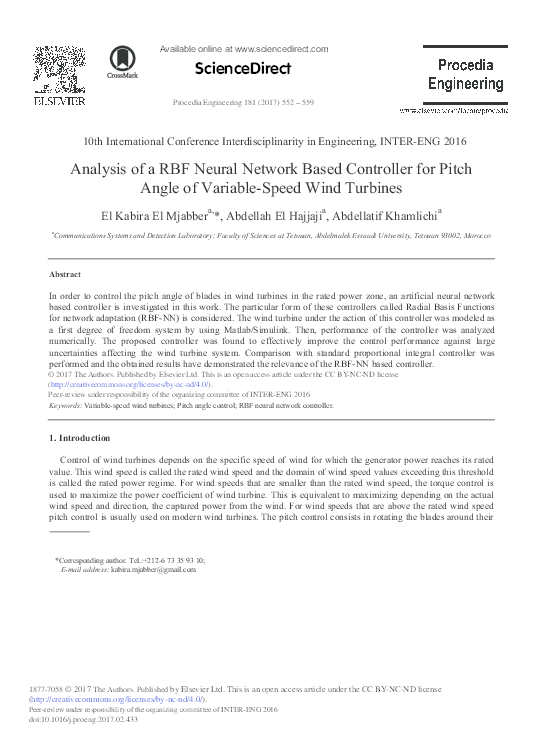 Pdf Analysis Of A Rbf Neural Network Based Controller For Pitch Angle Of Variable Speed Wind