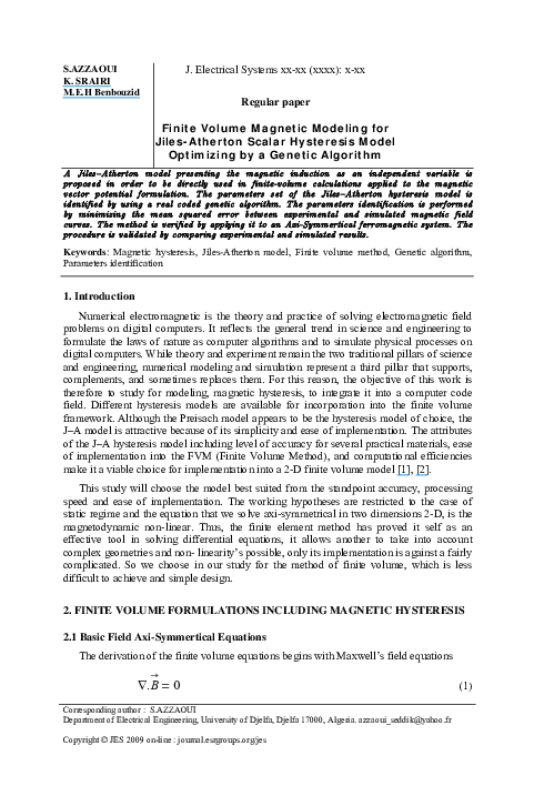 (PDF) Regular paper Finite Volume Magnetic Modeling for Jiles-Atherton Scalar Hysteresis Model ...