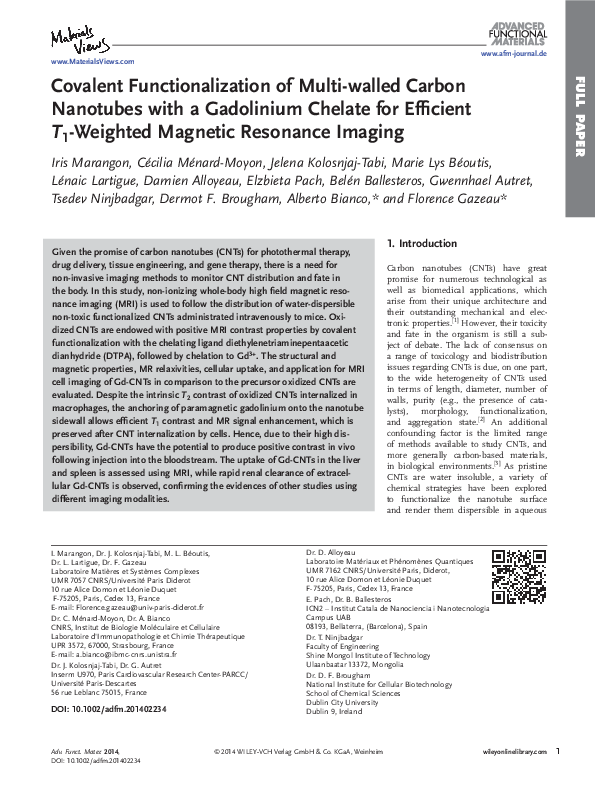 (PDF) Covalent Functionalization of Multi-walled Carbon Nanotubes with a Gadolinium Chelate for ...