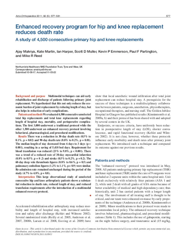 (PDF) Enhanced recovery program for hip and knee replacement reduces ...