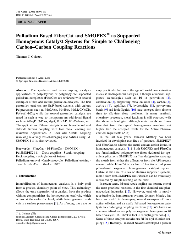 (PDF) Palladium Based FibreCat and SMOPEX® as Supported Homogenous ...