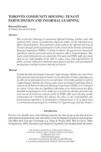 (PDF) TORONTO COMMUNITY HOUSING: TENANT PARTICIPATION AND INFORMAL LEARNING