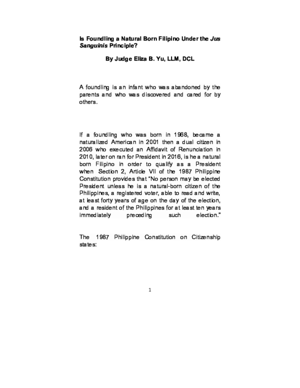 (PDF) Is Foundling a Natural Born Filipino Under the Jus Sanguinis ...