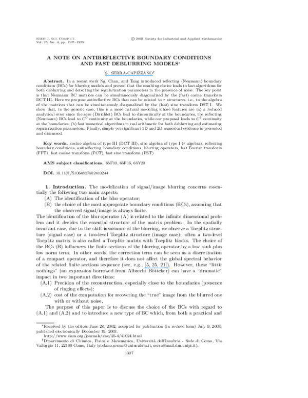 (PDF) A Note on Antireflective Boundary Conditions and Fast Deblurring Models | stefano serra ...