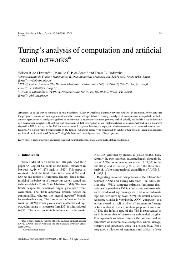 (PDF) Turing's analysis of computation and artificial neural networks