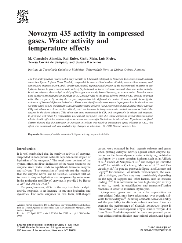 (PDF) Novozym 435 Activity in Compressed Gases. Water Activity and ...
