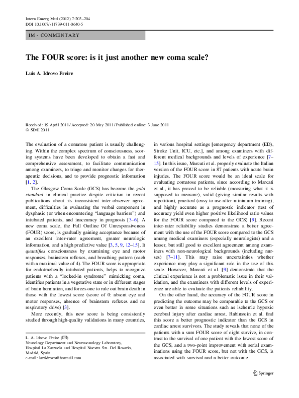 (PDF) The FOUR score: is it just another new coma scale?