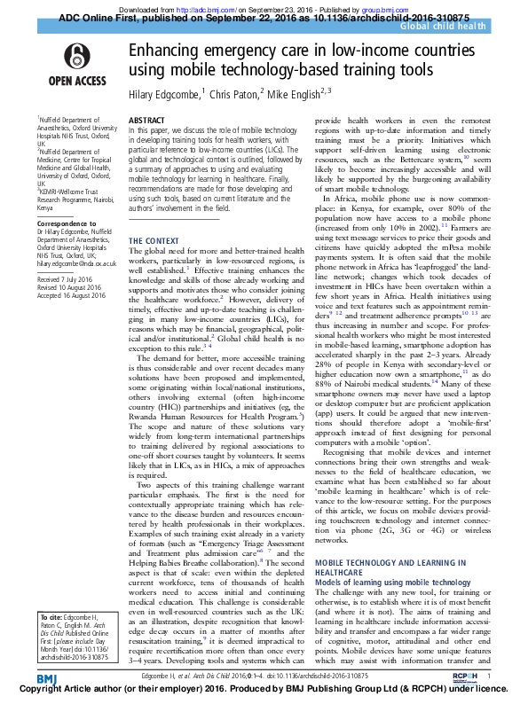 (PDF) Enhancing emergency care in low-income countries using mobile ...