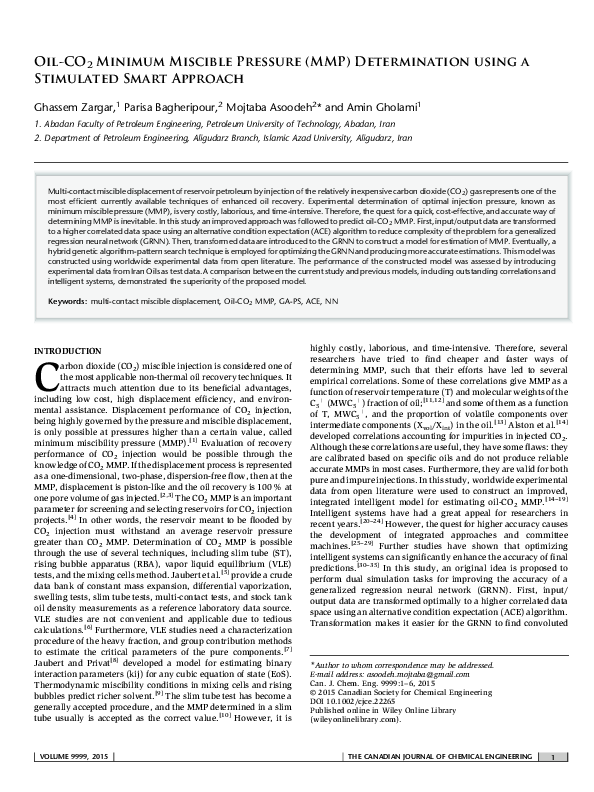 (PDF) Oil-CO 2 Minimum Miscible Pressure (MMP) Determination using a Stimulated Smart Approach