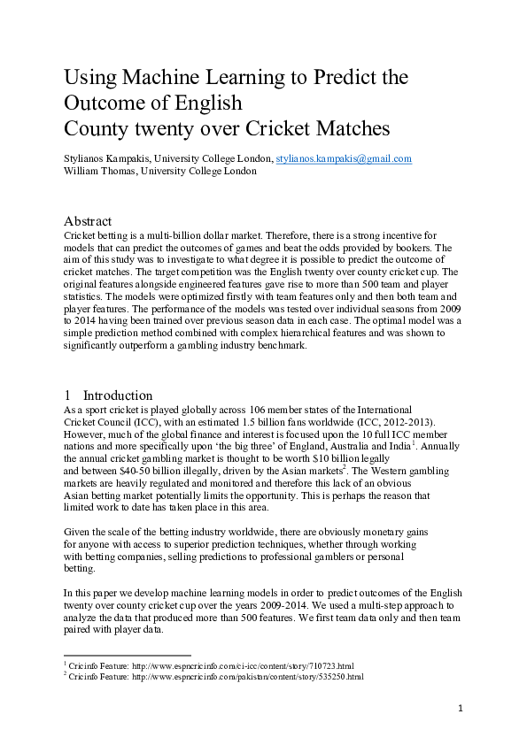 Pdf Using Machine Learning To Predict The Outcome Of English County Twenty Over Cricket Matches