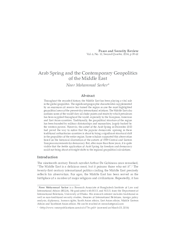 (PDF) Arab Spring and the Contemporary Geopolitics of the Middle East