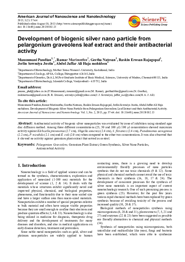 (PDF) Development of biogenic silver nano particle from pelargonium ...