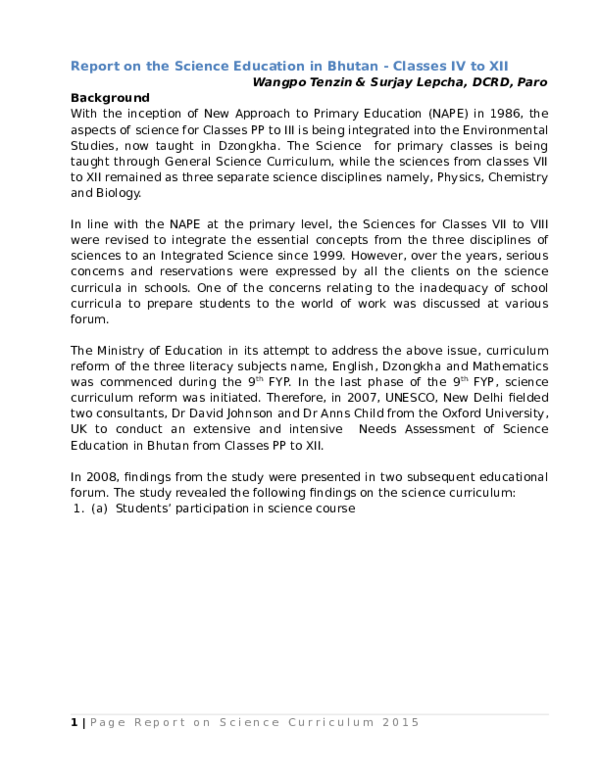 (DOC) Report on the Science Education in Bhutan -Classes IV to XII