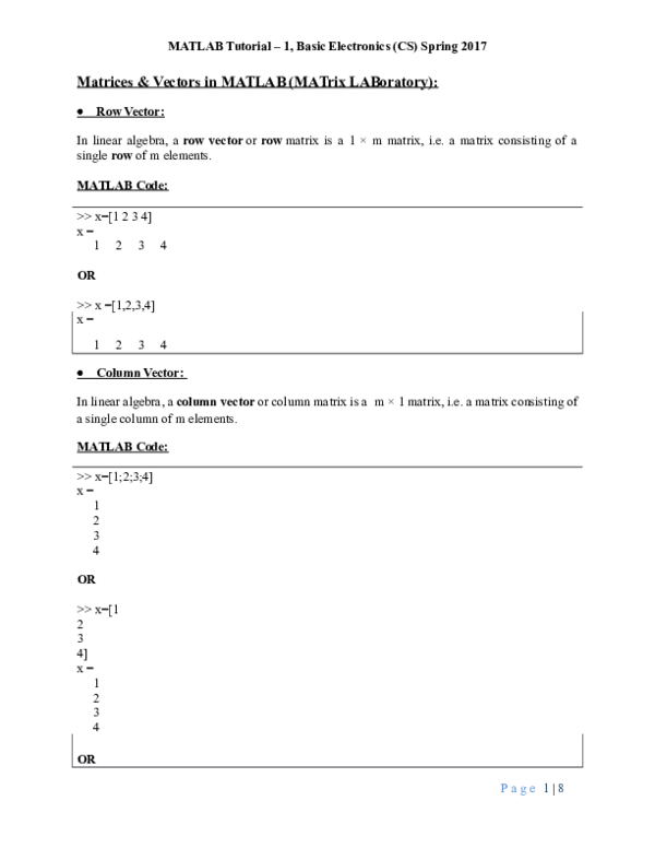(DOC) Matrices & Vectors in MATLAB (MATrix LABoratory): @BULLET Row Vector