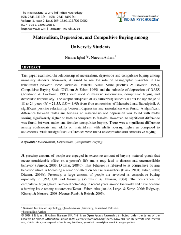 (PDF) Materialism, Depression, and Compulsive Buying among University ...
