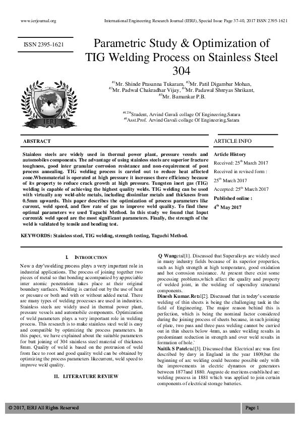 (PDF) Parametric Study & Optimization of TIG Welding Process on Stainless Steel 304