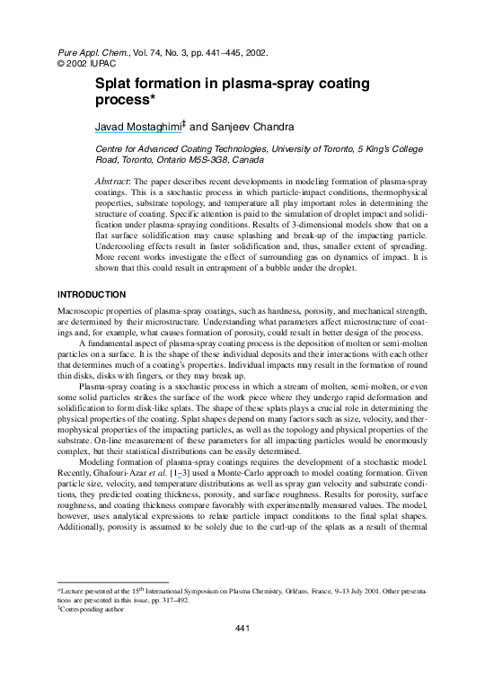 (PDF) Dynamics of splat formation in plasma spray coating process