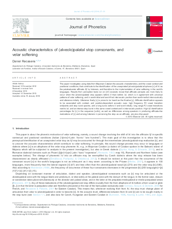 (PDF) Acoustic characteristics of (alveolo)palatal stop consonants, and ...