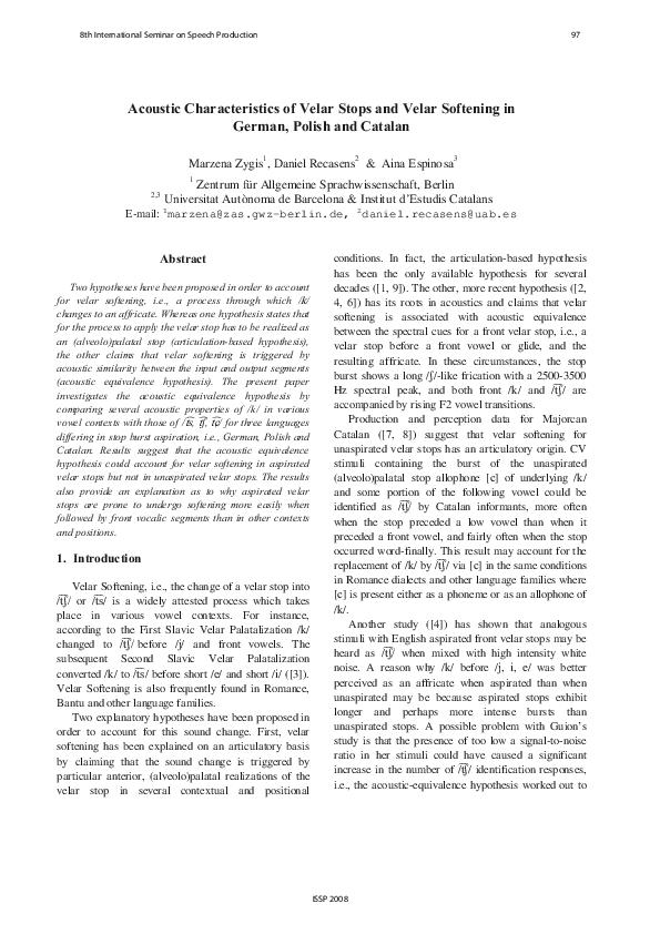(PDF) Acoustic characteristics of (alveolo)palatal stop consonants, and ...