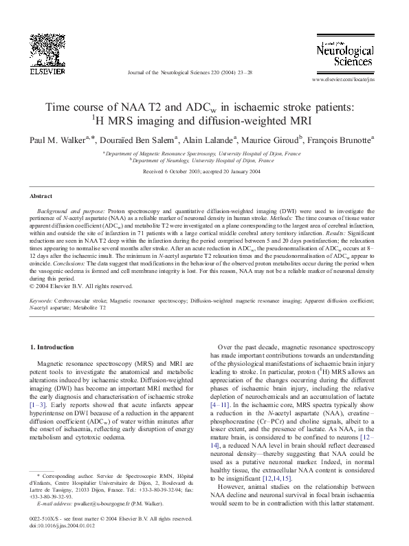 (PDF) Time course of NAA T2 and ADCw in ischaemic stroke patients: 1H ...