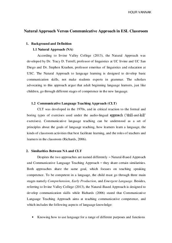 (PDF) Natural Approach Versus Communicative Approach in ESL Classroom