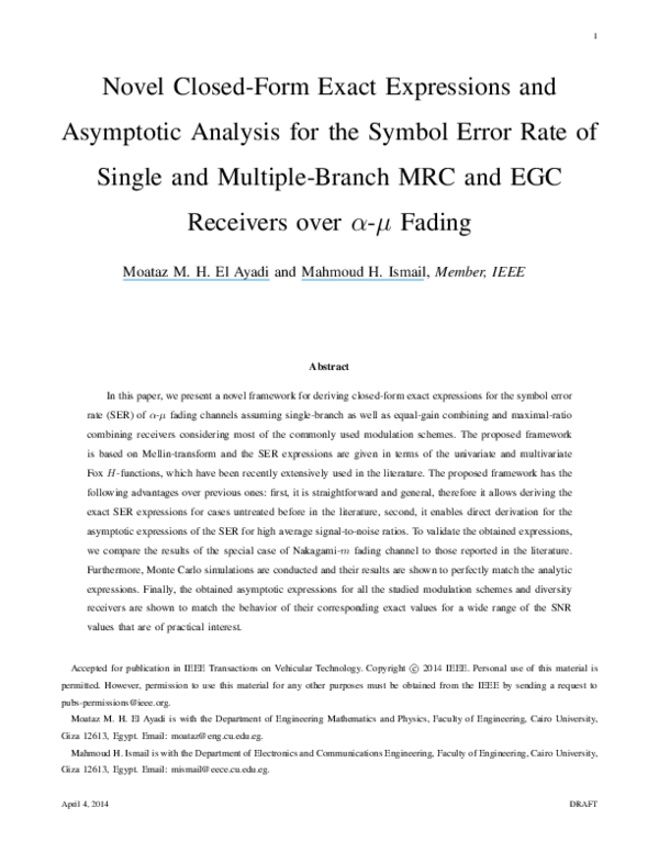 (PDF) Novel Closed-Form Exact Expressions and Asymptotic Analysis for the Symbol Error Rate of ...