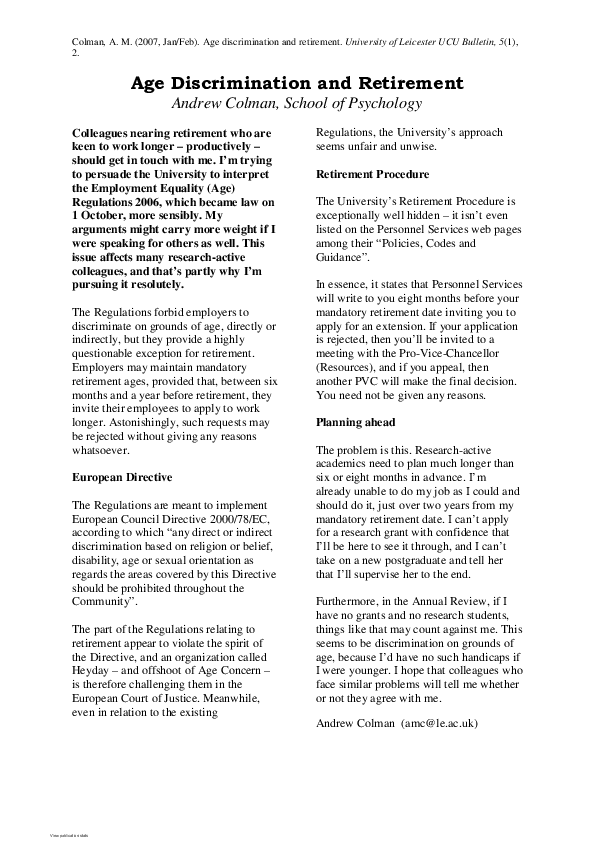 (PDF) Age Discrimination and Retirement | Andrew M Colman - Academia.edu