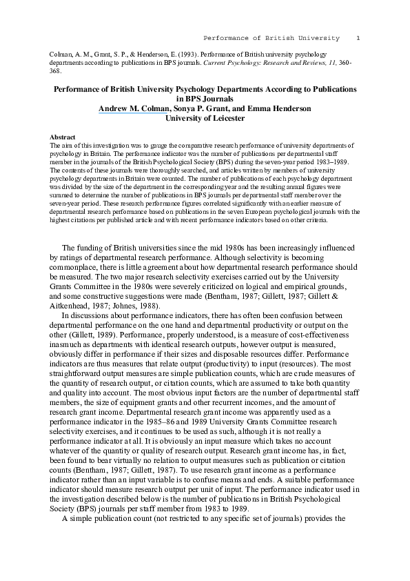 (PDF) Performance of british university psychology departments as ...
