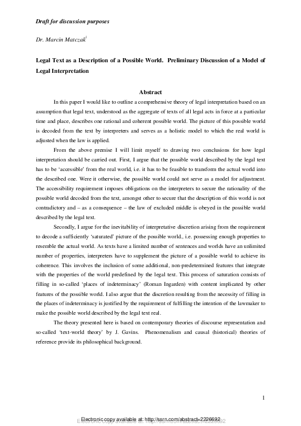 (PDF) Legal Text as a Description of a Possible World. Preliminary ...