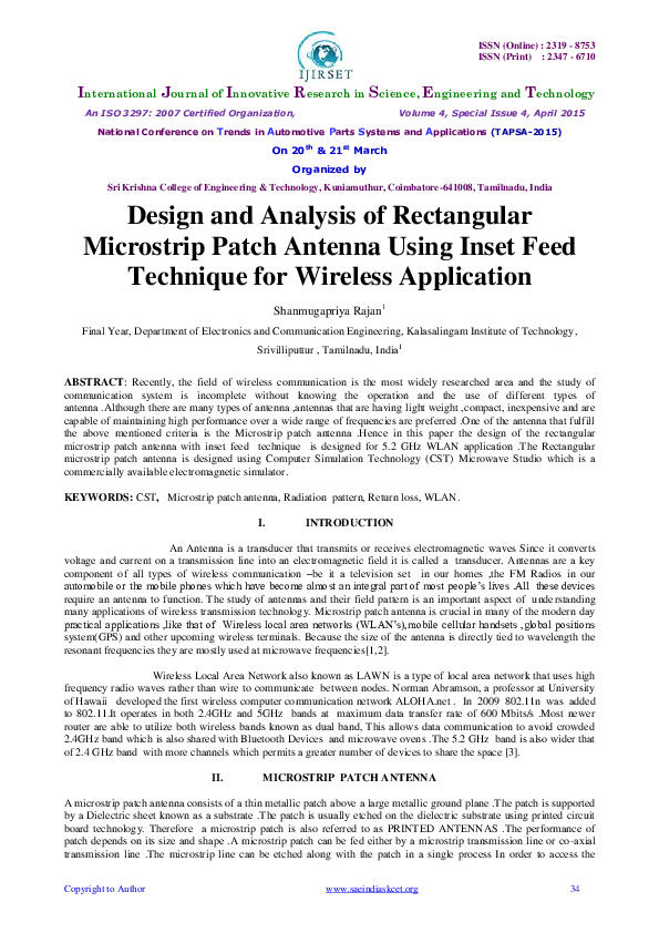 Pdf Design And Analysis Of Rectangular Microstrip Patch Antenna Using