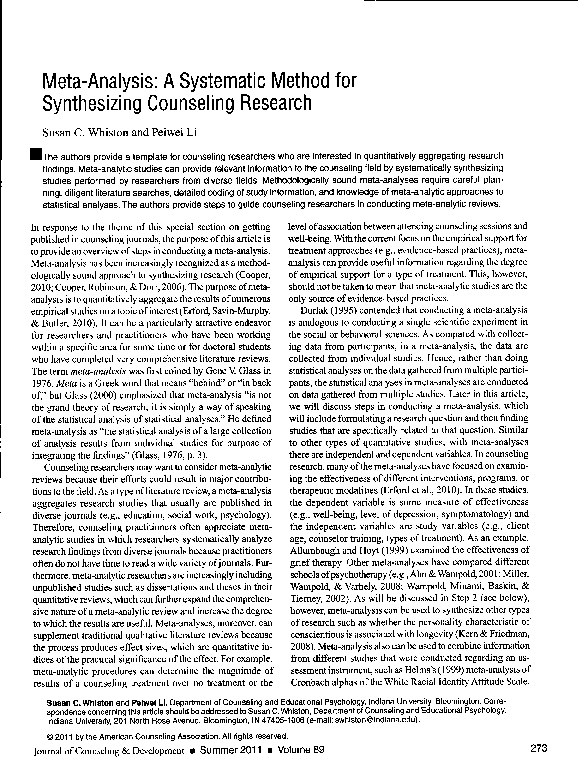 (PDF) Meta-Analysis: A Systematic Method for Synthesizing Counseling ...
