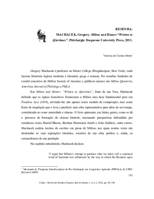 (PDF) Resenha: MACHACEK, Gregory. Milton and Homer:“Written to ...