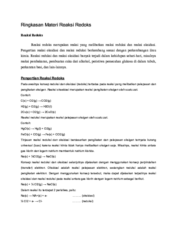 (DOC) Ringkasan Materi Reaksi Redoks