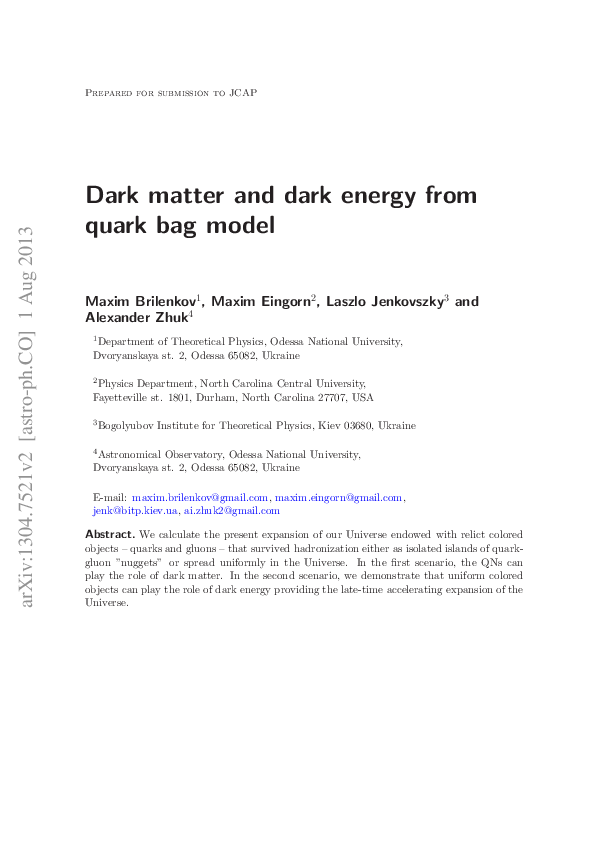 (PDF) Dark matter and dark energy from quark bag model