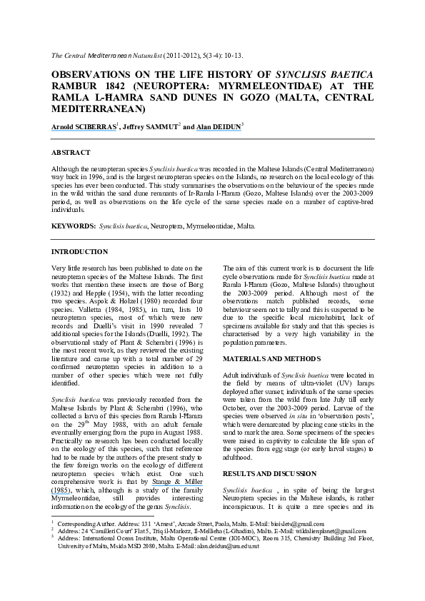 (PDF) SCIBERRAS, A., SCIBERRAS, J.& Deidun,A. (2012) OBSERVATIONS ON ...