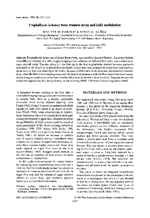 Pdf Trophallaxis In Honey Bees Transfer Delay And Daily Modulation