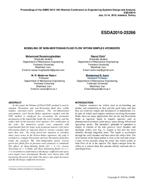 Pdf Modeling Of Non Newtonian Fluid Flow Within Simplex Atomizers