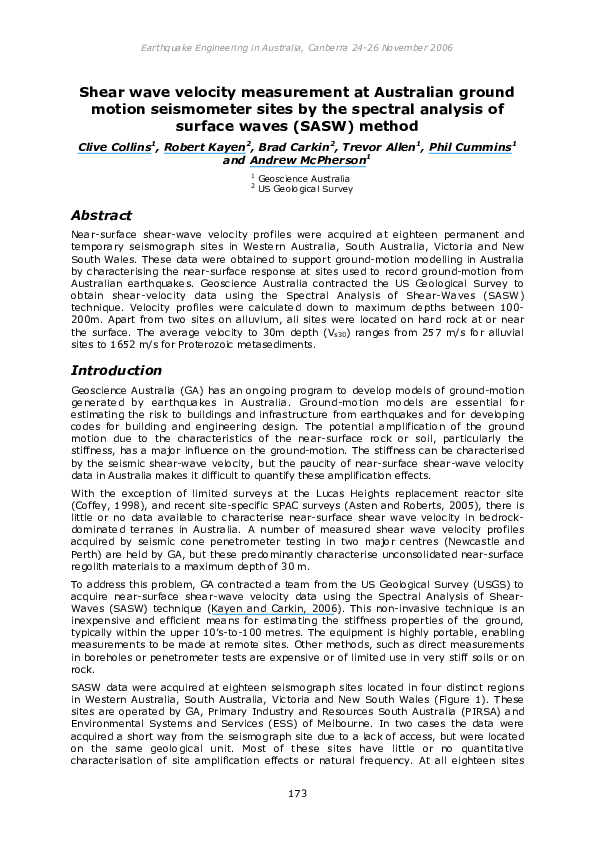 (PDF) Shear-wave velocity measurement at Australian ground motion ...