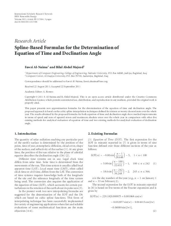 (PDF) Spline-Based Formulas for the Determination of Equation of Time ...