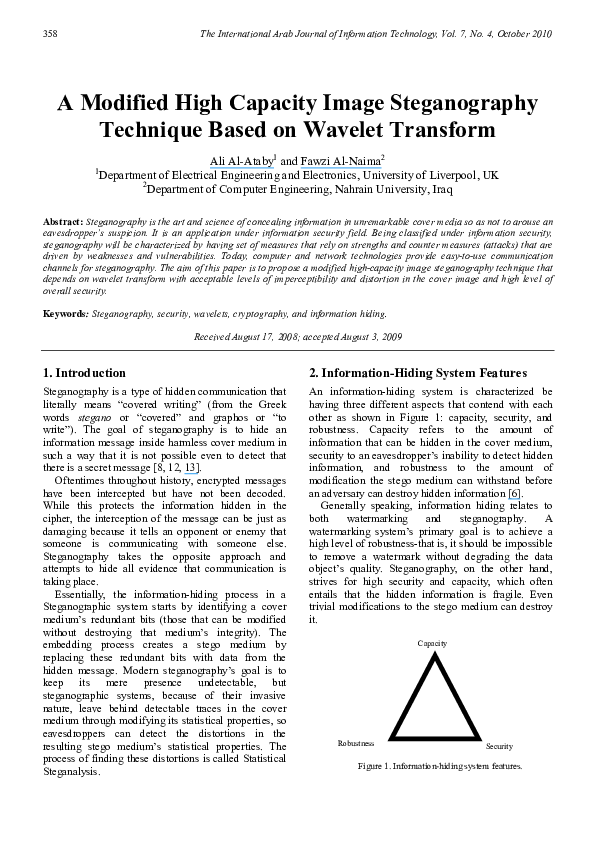 (PDF) A modified high capacity image steganography technique based on wavelet transform | Fawzi ...