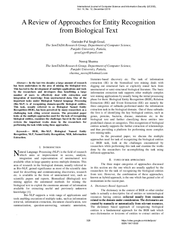 (PDF) A Review of Approaches for Entity Recogn