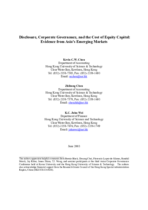 (PDF) Disclosure, Corporate Governance, and the Cost of Equity Capital: Evidence from Asia's ...